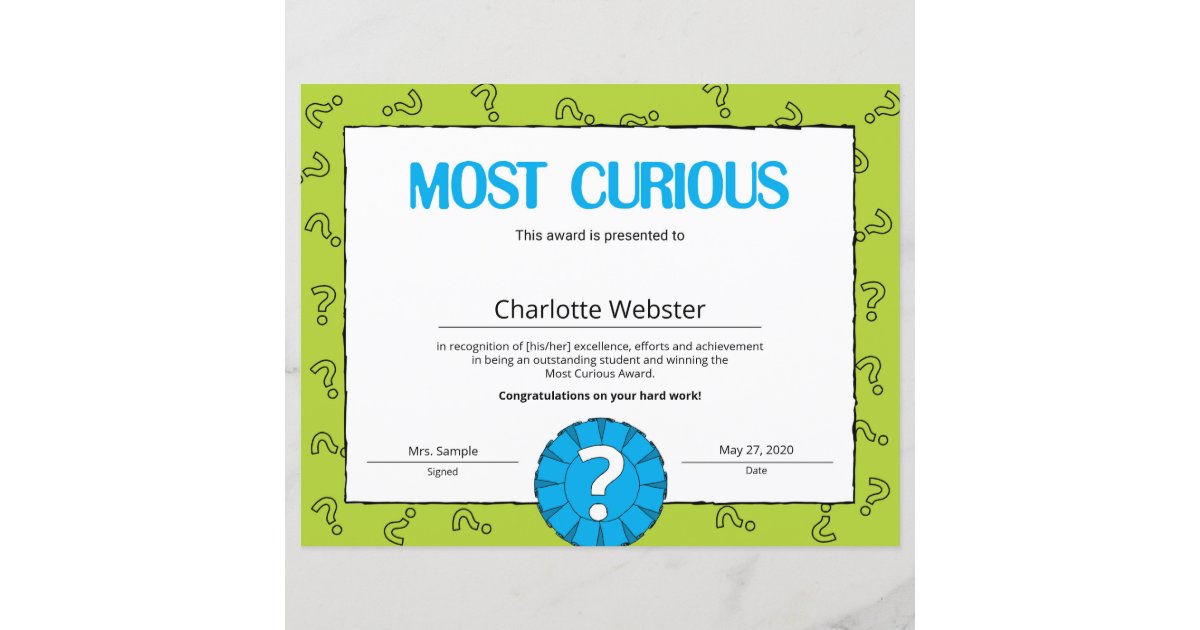 Most Curious Certificate of Achievement PDF | Zazzle
