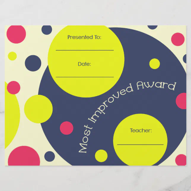 Most Improved Award Certificate Pink Yellow Blue | Zazzle