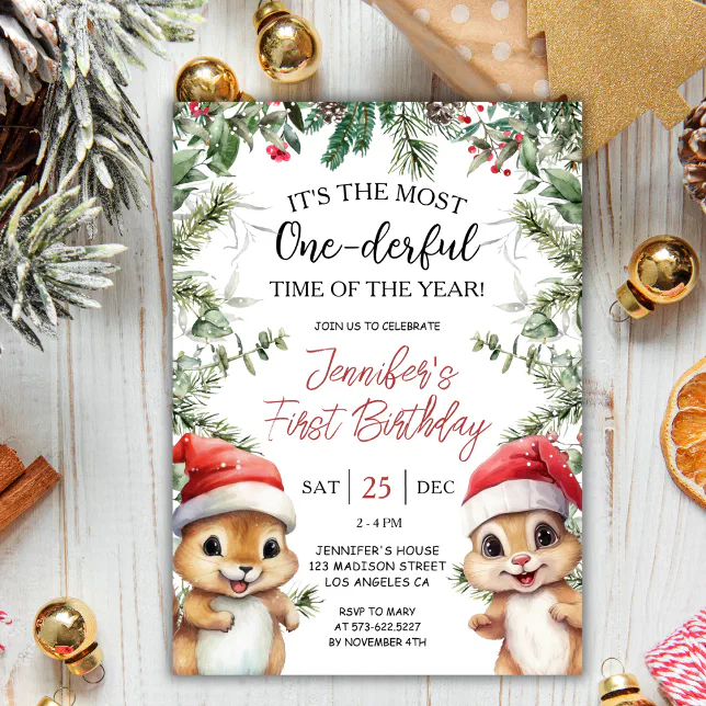 Most ONE-derful | Squirrel Christmas 1st Birthday Invitation | Zazzle