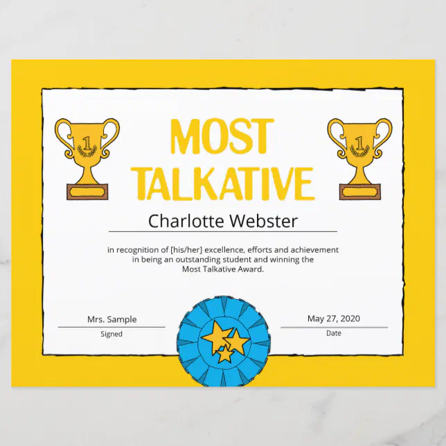 Most Talkative Certificate of Achievement PDF | Zazzle