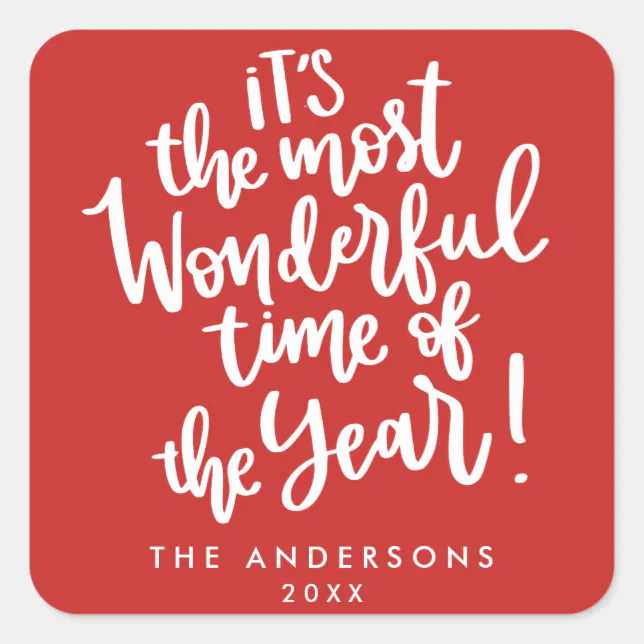 Most Wonderful time of Year | Red HOLIDAY Photo Square Sticker | Zazzle