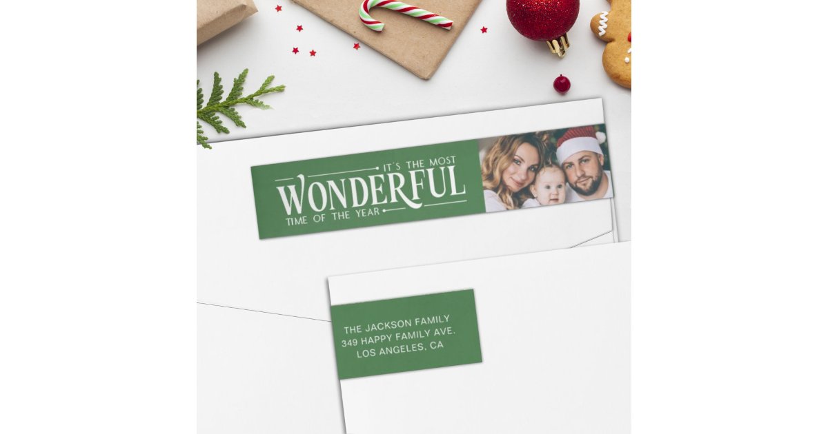 Most wonderful time photo green return address wrap around label | Zazzle