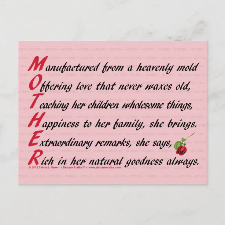 Mother (Acrostic) Postcard | Zazzle