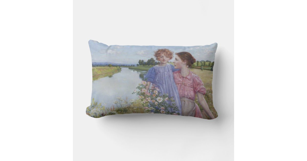 Mother and Child by a River With Wild Roses Lumbar Pillow | Zazzle