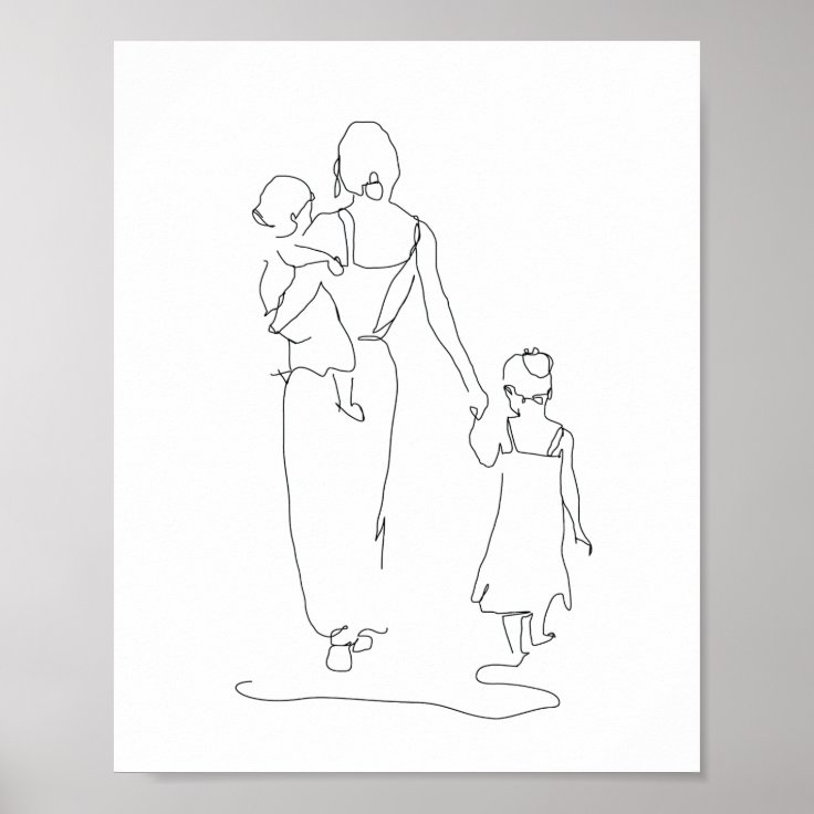 Mother and Children Line Art, Family Illustration, Poster | Zazzle