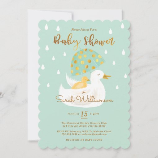Mother & Baby Yellow Ducky Umbrella Mint Green Invitation | Zazzle