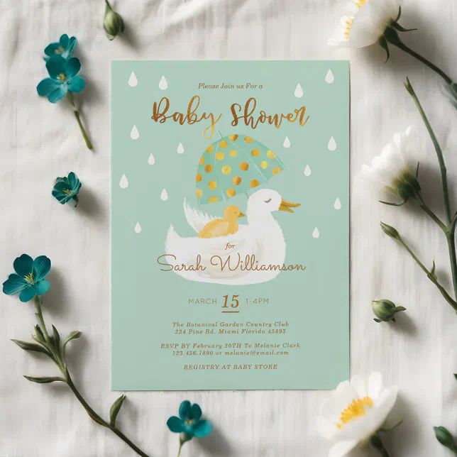 Mother & Baby Yellow Ducky Umbrella Mint Green Invitation | Zazzle