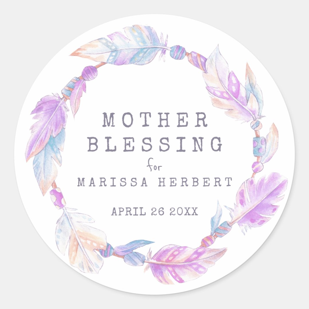 Mother Blessing beads feathers boho custom Classic Round Sticker | Zazzle