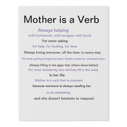 Mother is a verb poem faux canvas print | Zazzle.com