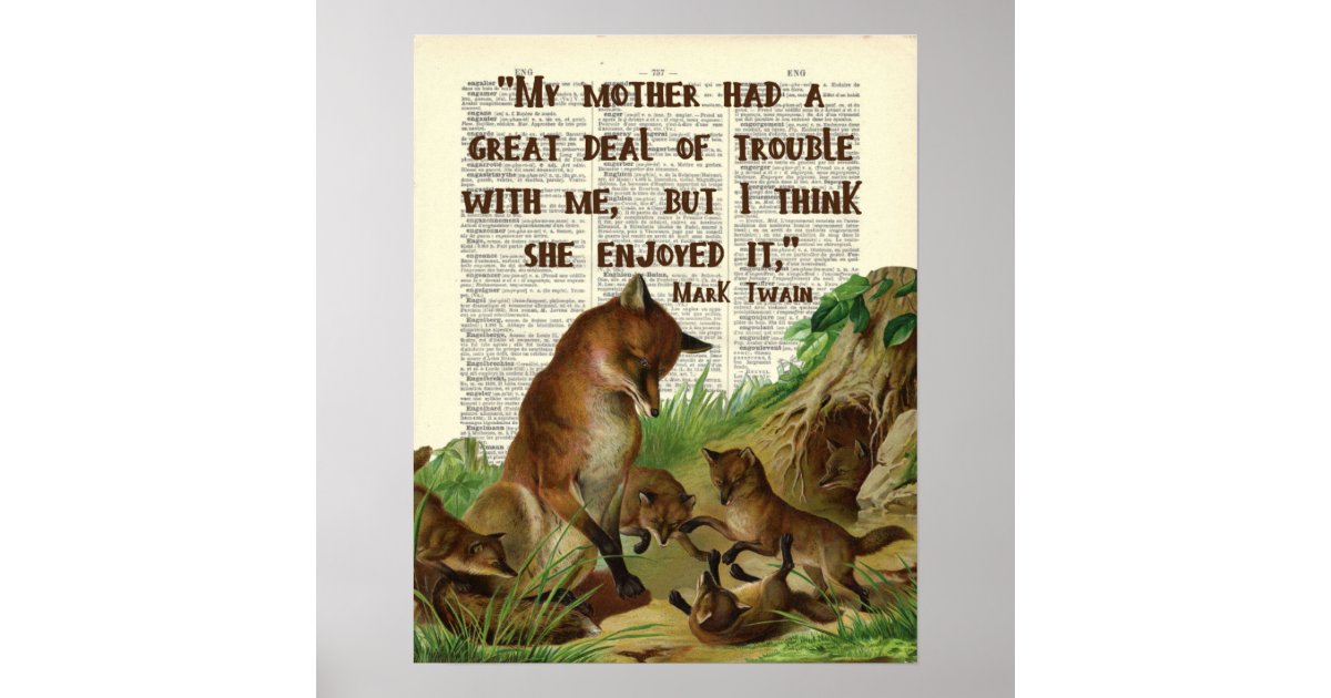 Mother Mark Twain Fox Art Antique Dictionary Pages Poster | Zazzle