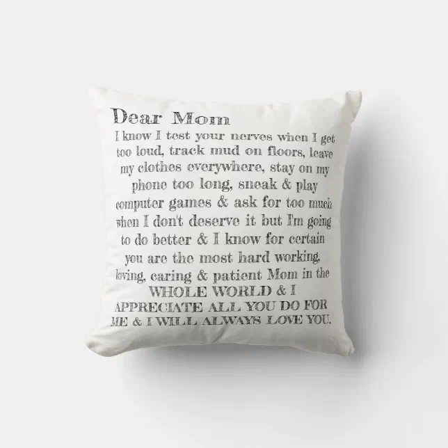 Mother's Day Dear Mom Typography Letter Pillow | Zazzle