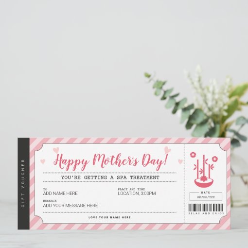 Mothers Day Gift Spa Treatment Voucher Certificate Invitation | Zazzle