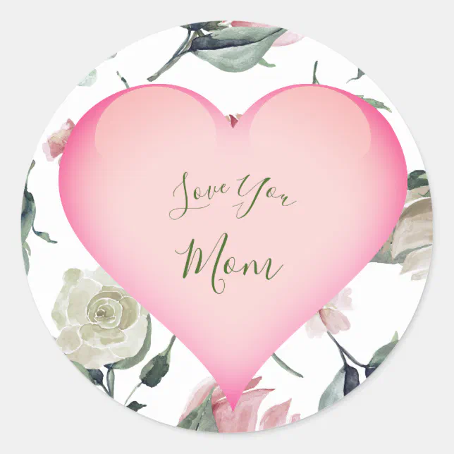 Mothers Day Simple Floral Pink Heart Personal Classic Round Sticker ...