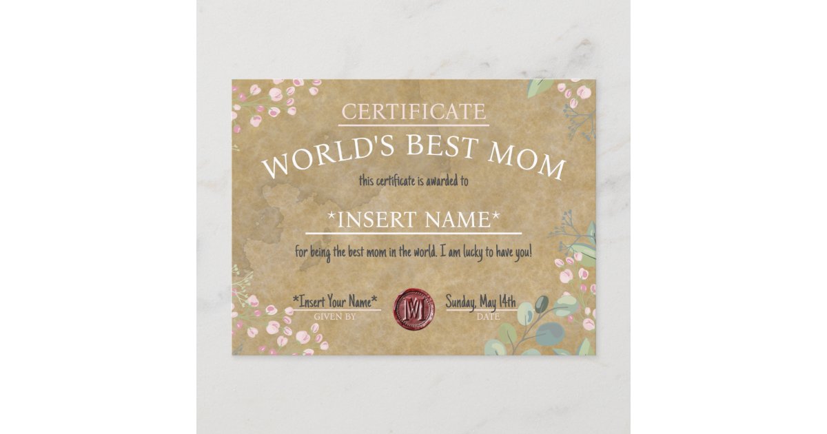 Mother's Day World's Best Mom Certificate Announcement Postcard | Zazzle