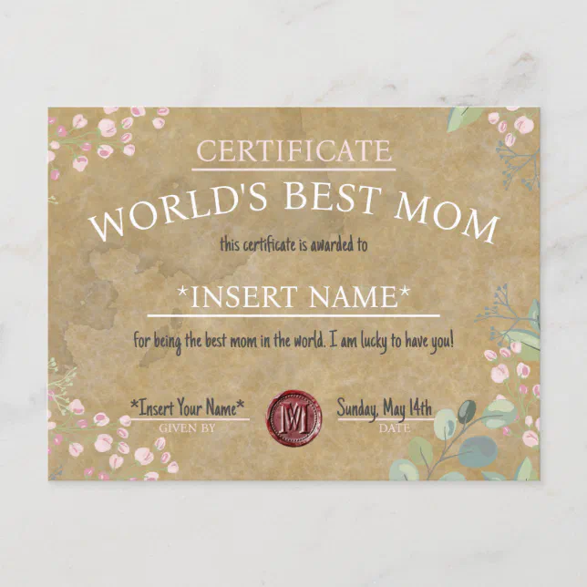 Mother's Day World's Best Mom Certificate Announcement Postcard | Zazzle