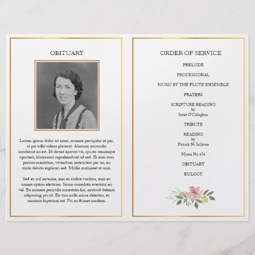 Mothers funeral folded program, pink rose & gold flyer | Zazzle
