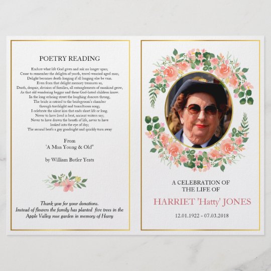 Mothers funeral folded program, pink rose & gold flyer | Zazzle.com