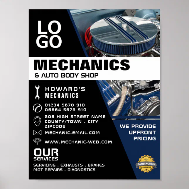 Motor Engine, Auto Mechanic & Repairs Advertising Poster | Zazzle