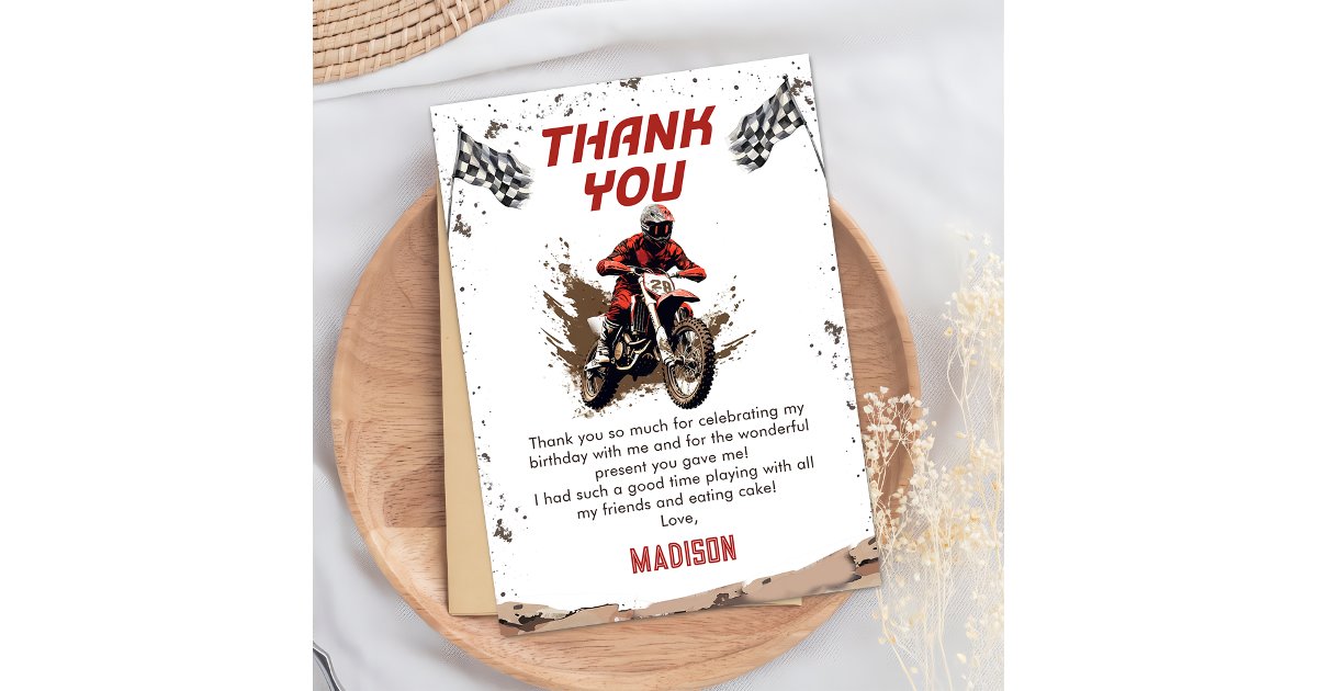 Motorbike Dirt Bike Birthday Thank You Card | Zazzle