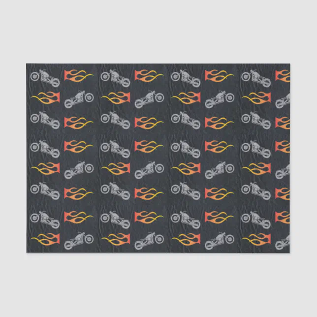 Motorcycle and flames on faux black leather tissue paper | Zazzle
