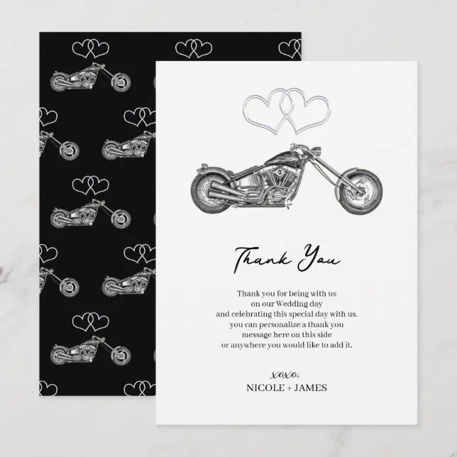 Motorcycle Black & Silver Hearts Biker Thank You Invitation | Zazzle