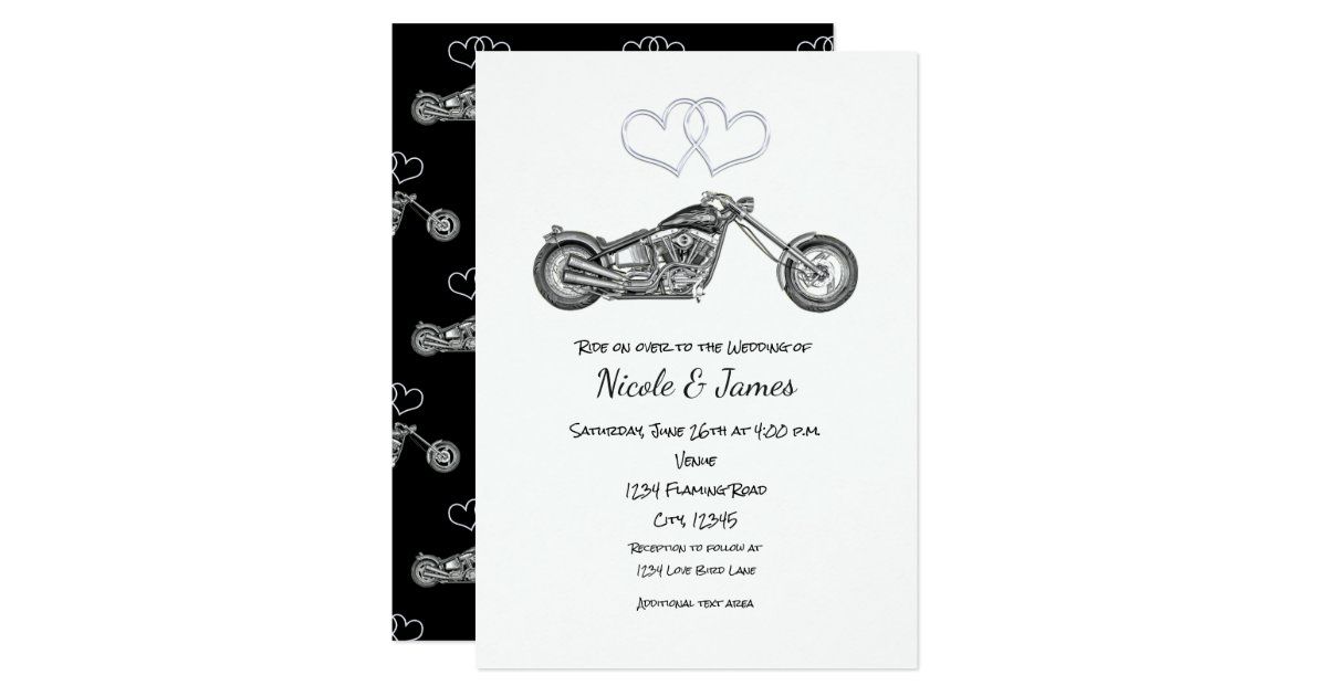 Motorcycle Black & Silver Hearts Biker Wedding Invitation | Zazzle.com
