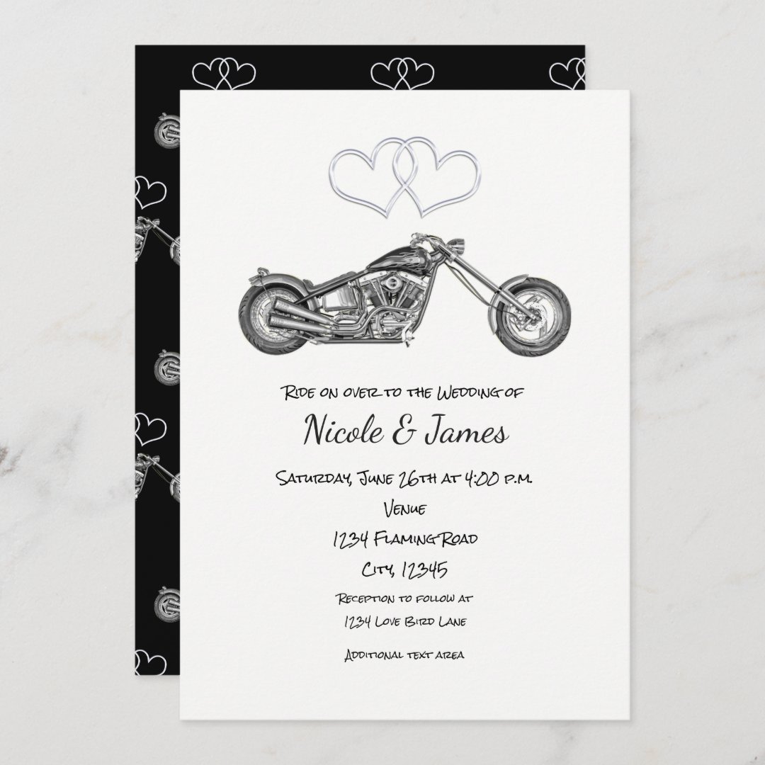 Motorcycle Black & Silver Hearts Biker Wedding Invitation | Zazzle