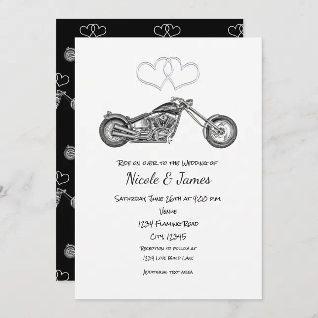 Motorcycle Black & Silver Hearts Biker Wedding Invitation | Zazzle