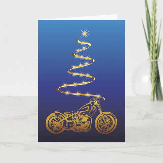 Motorcycle Christmas with gold bike and tree Card | Zazzle