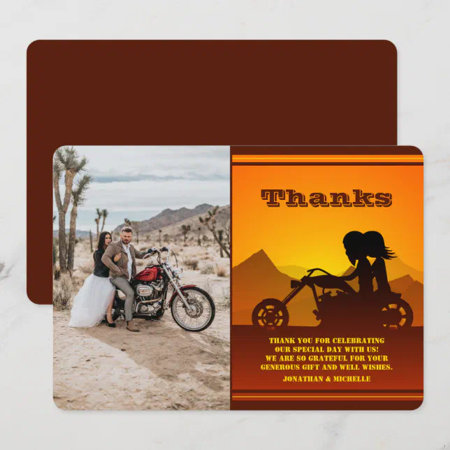 Motorcycle Couple Mountain Sunset Photo Wedding Thank You Card | Zazzle