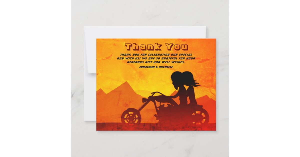 Motorcycle Couple Mountain Sunset Wedding Thank You Card | Zazzle