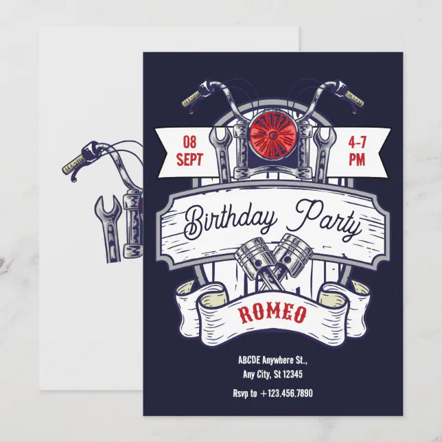 Motorcycle custom garage iconic birthday invitation | Zazzle