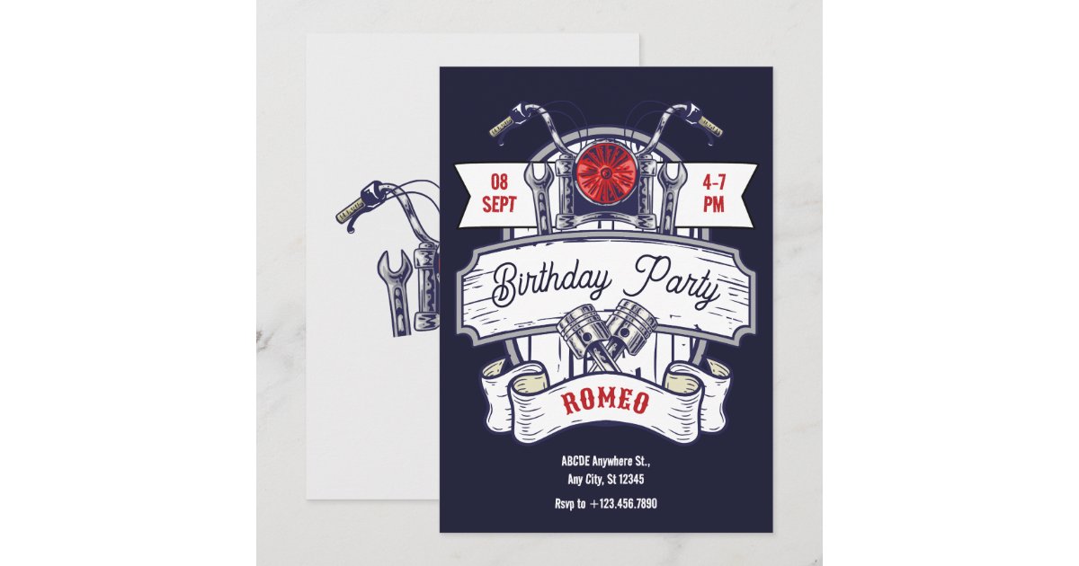 Motorcycle custom garage iconic birthday invitation | Zazzle