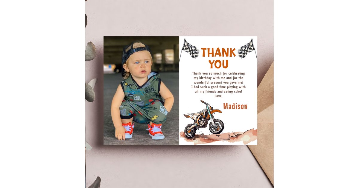 Motorcycle Dirt Bike Birthday Photo Thank You Card | Zazzle