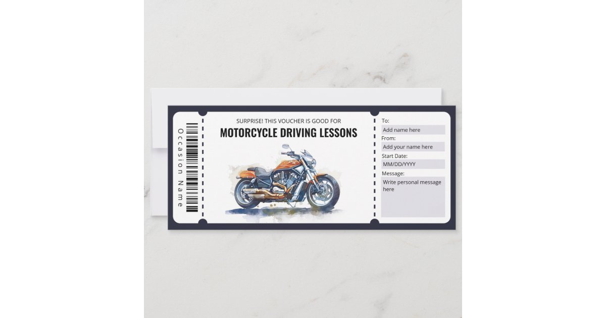 Motorcycle Driving Lessons Gift Certificate Invitation | Zazzle