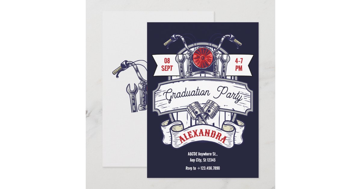Motorcycle garage iconic graduation party invitation | Zazzle