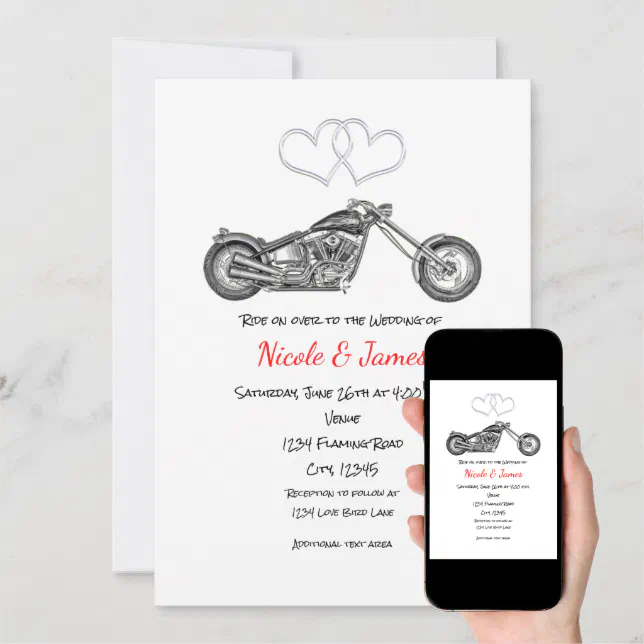 Motorcycle & Silver Hearts Biker Wedding Invitation | Zazzle