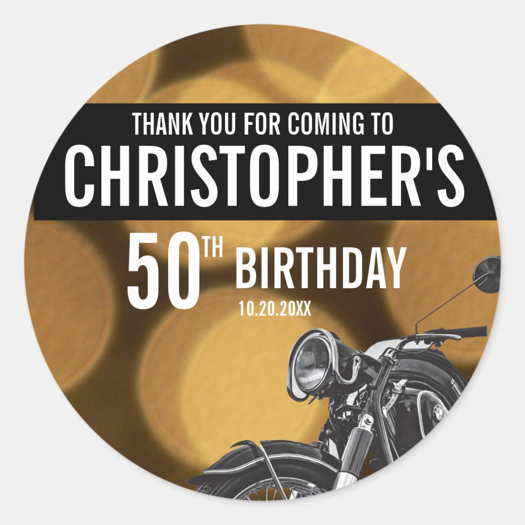 Motorcycle theme, 50th birthday, Gold and black Classic Round Sticker ...