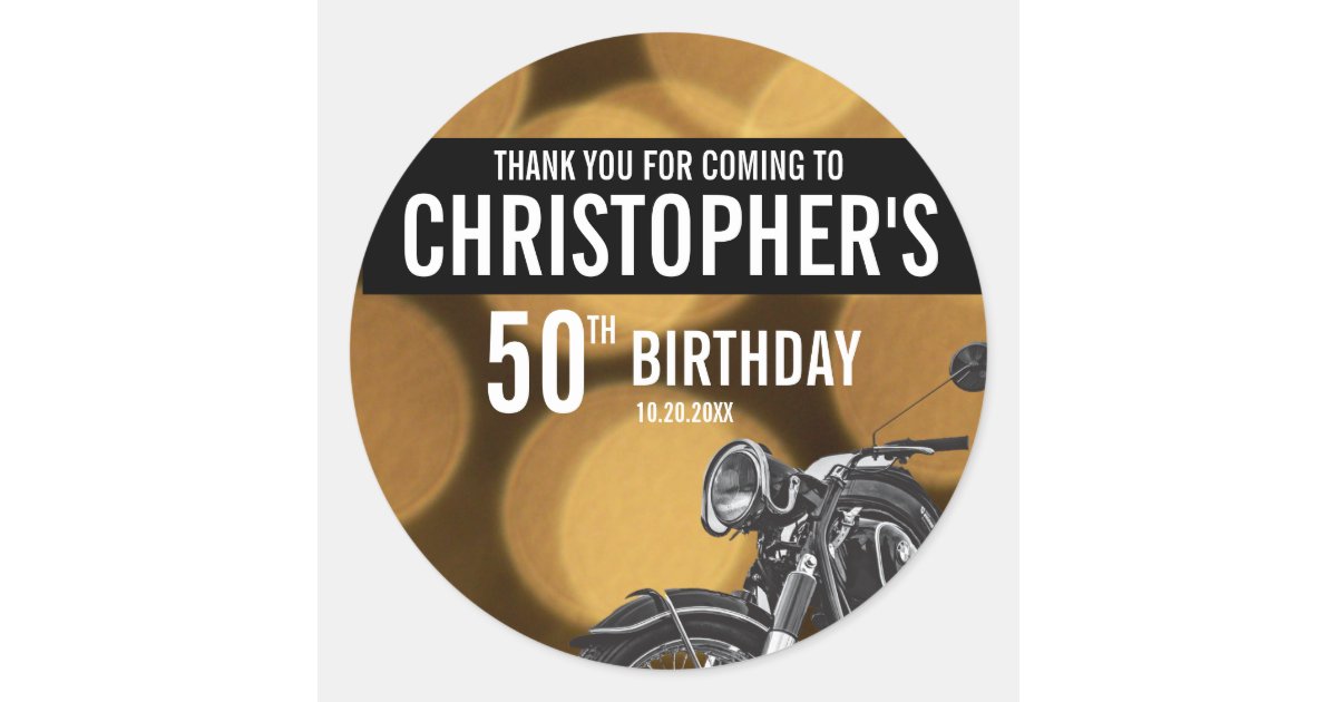 Motorcycle theme, 50th birthday, Gold and black Classic Round Sticker ...
