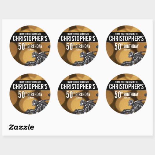 Motorcycle theme, 50th birthday, Gold and black Classic Round Sticker ...