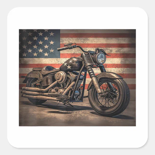 Motorcycle USA Flag Retro Biker Square Sticker | Zazzle