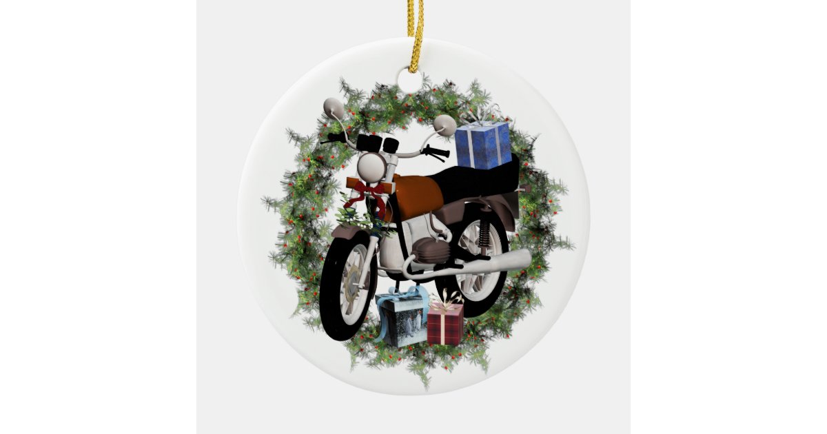 Motorcycle Wreath and Gifts Round Holiday Ornament | Zazzle