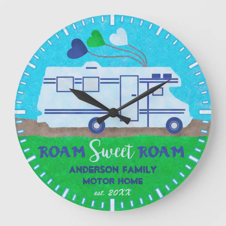 Motorhome RV Camper Roam Personalized Name V2 Large Clock | Zazzle