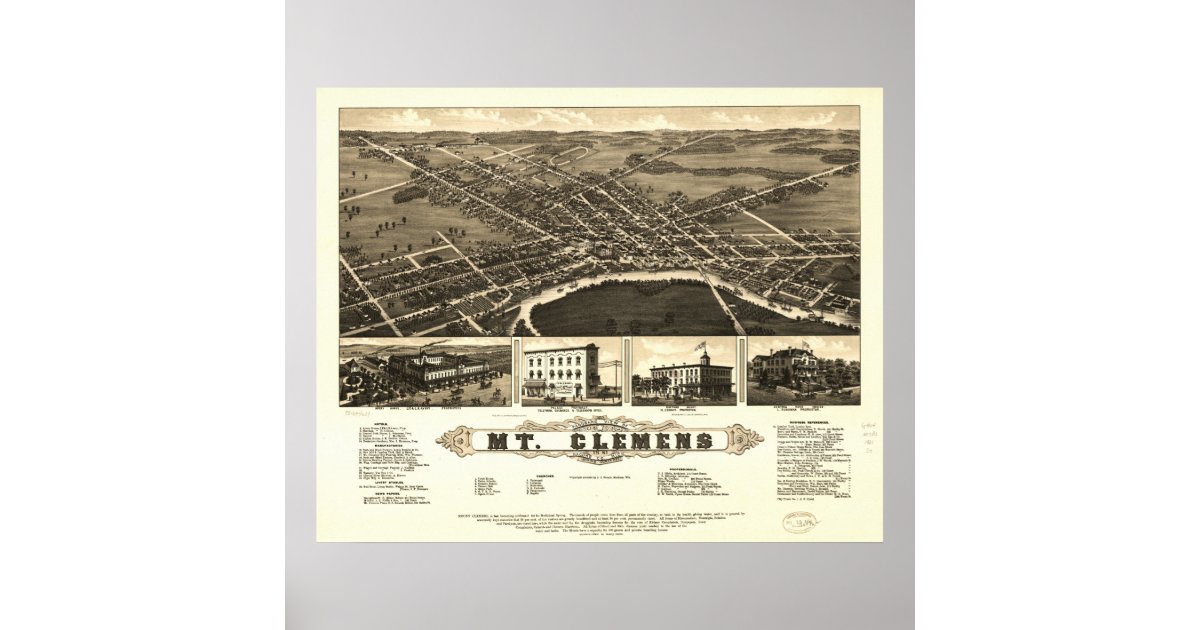 Mount Clemens Michigan 1881 Antique Panoramic Map Poster | Zazzle