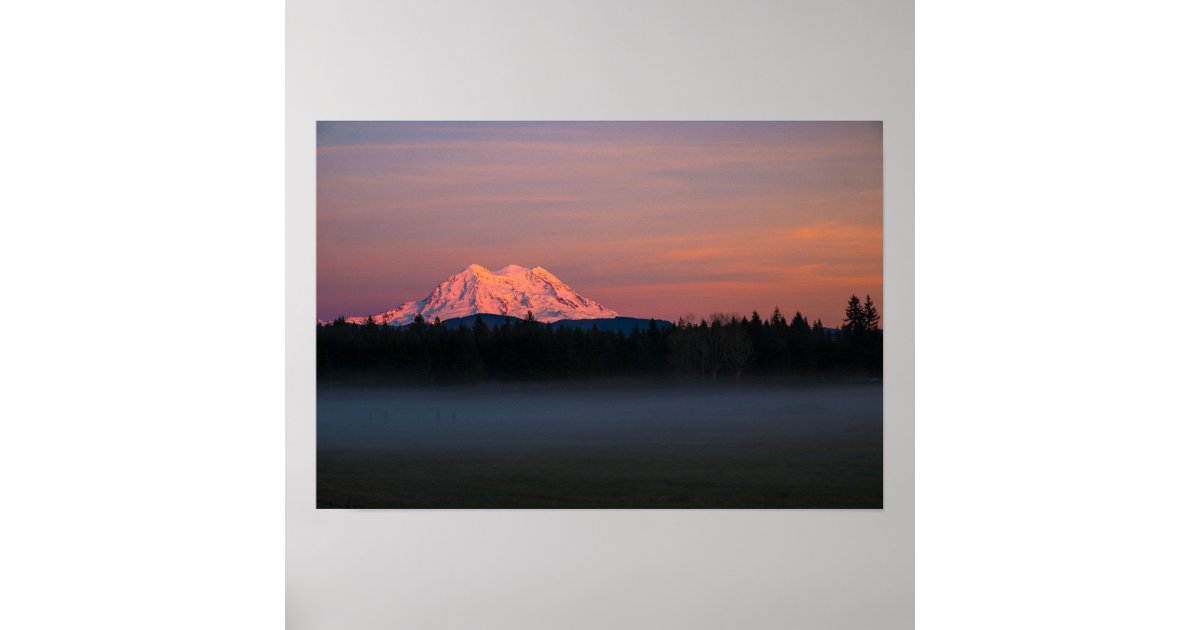 Mount Rainer sunset and mist Poster | Zazzle