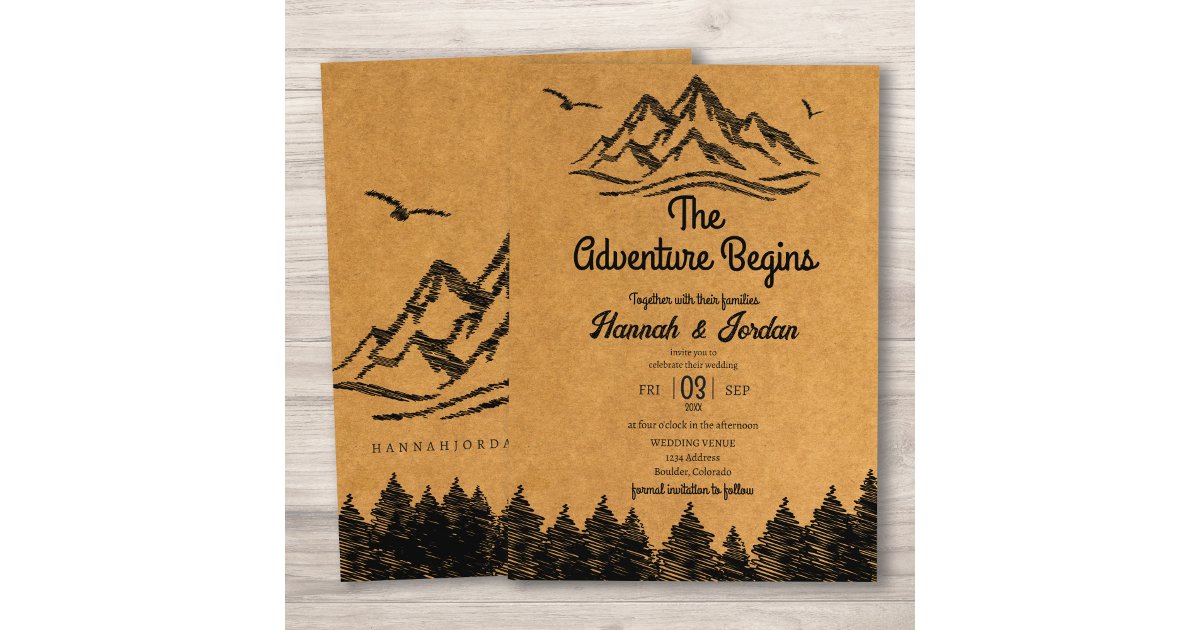 Mountain Adventure Begins Rustic Woodsy Wedding Invitation | Zazzle