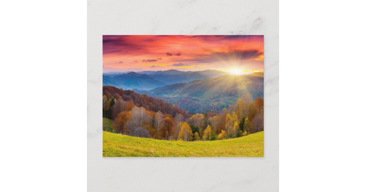 Mountain autumn landscape with forest postcard | Zazzle