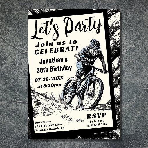 Mountain Bike Modern Sketch Style Birthday Invitation | Zazzle