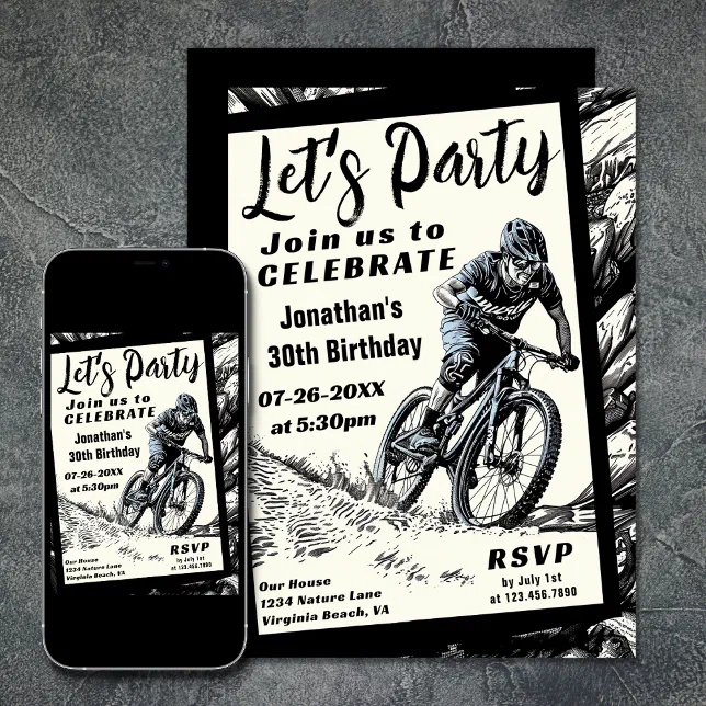 Mountain Bike Modern Sketch Style Birthday Invitation | Zazzle