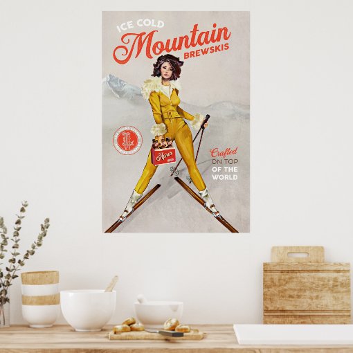 "Mountain Brewskis" Cool Retro Ski Pinup Art Poster | Zazzle